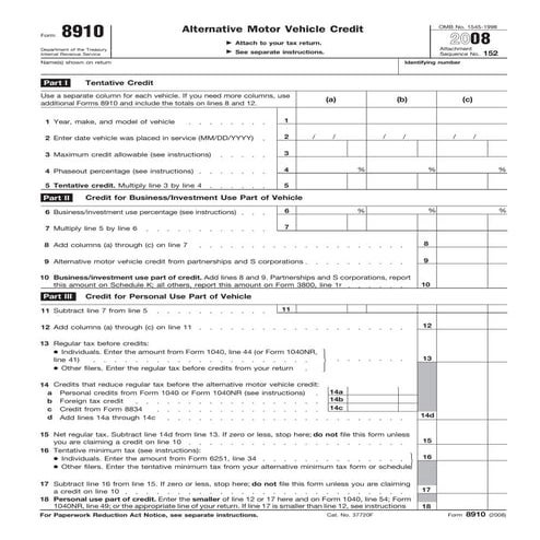 Form 8910 Alternative Motor Vehicle Credit | PDF