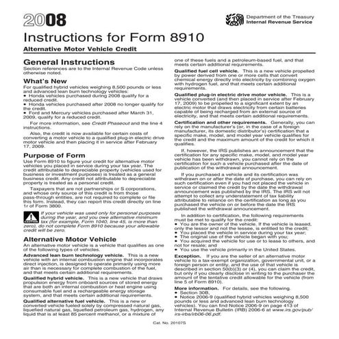 Instructions for Form 8910, Alternative Motor Vehicle Credit | PDF