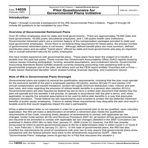 Form 14035 Pilot Questionnaire for Governmental Plans Initiative | PDF ...