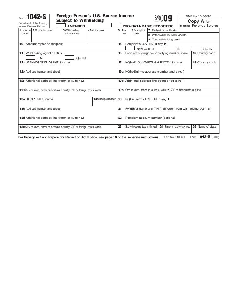 Form 1042-S-Foreign Person's U.S. Source Income Subject to Withholding
