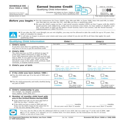 Form 1040/1040A, Schedule EIC-Earned Income Credit | PDF