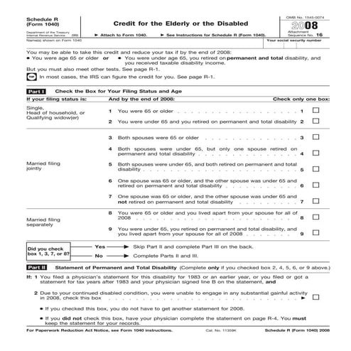 Form 1040, Schedule R- Credit for the Elderly or the Disabled | PDF