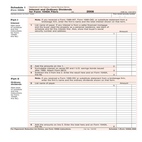 Form 1040A, Schedule 1-Interest and Ordinary Dividends for Form 1040 ...