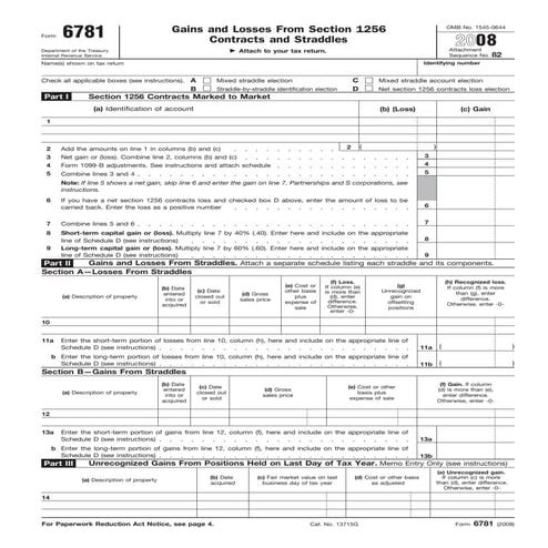 Form 6781- Gains and Losses From Section 1256 Contracts and Straddles | PDF