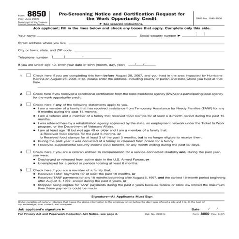 Form 8850-Pre-Screening Notice and Certification Request | PDF ...