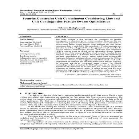 Security Constraint Unit Commitment Considering Line And Unit Contingencies Particle Swarm