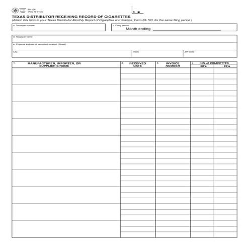 Texas Cigarette, Cigar and Tobacco Products Report Forms-69-108 ...