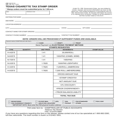 Texas Cigarette, Cigar and Tobacco Products Report Forms-69-304 Texas ...