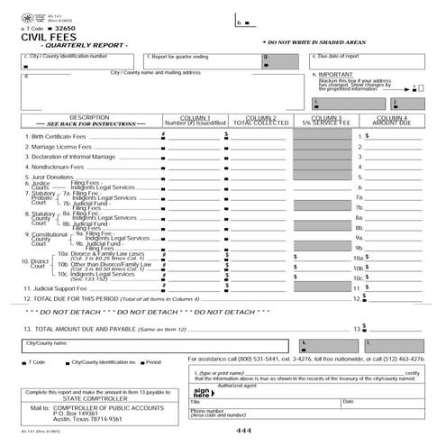Texas City and County Government Forms-40-141 Civil Fees Quarterly ...