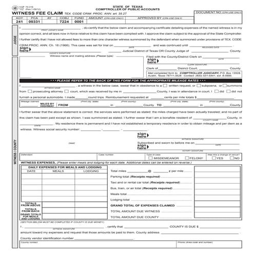 Texas City and County Government Forms-73-316 Witness Fee Claim and ...
