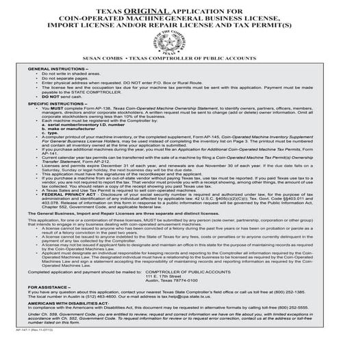 Texas Coin-Operated Machine Forms-AP-147 Texas Original Application for ...