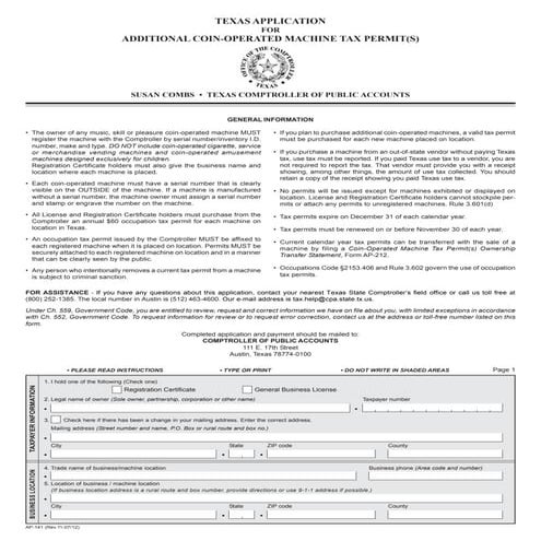 "Texas Coin-Operated Machine Forms-AP-141 Texas Application for ...