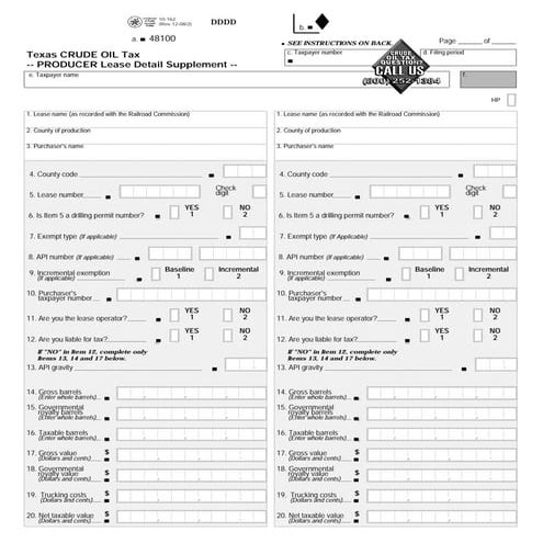 Texas Crude Oil Tax Forms -10-162 Crude Oil Tax - Producer Lease Detail ...