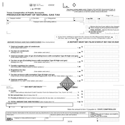 Texas Natural Gas Tax Forms-10-159 and 10-163 Producer Report of ...