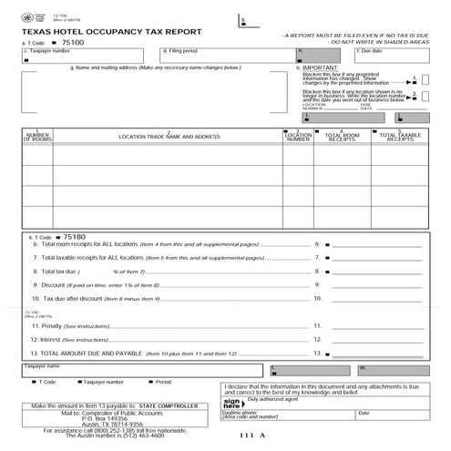 Texas Hotel Occupancy Tax Forms-12-100 Hotel Occupancy Tax Report | PDF
