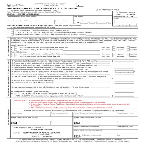 Texas Inheritance Tax Forms-17-106 Return -- Federal Estate Tax Credit ...