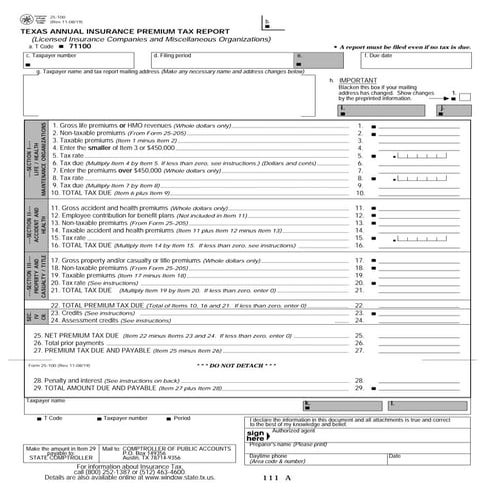 Texas Insurance Tax Forms-25-100 Annual Insurance Premium Tax Report | PDF