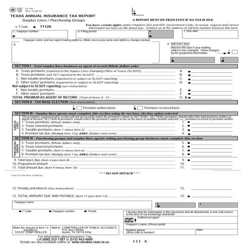 Texas Insurance Tax Forms-25-104 Annual Insurance Tax Report - Surplus ...