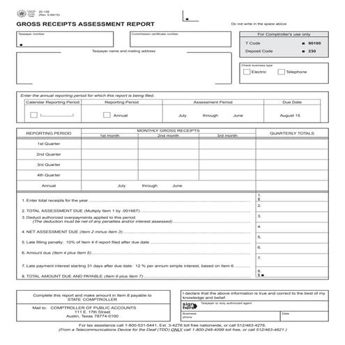 Miscellaneous Texas Tax Forms-20-106 Texas Gross Receipts Assessment ...