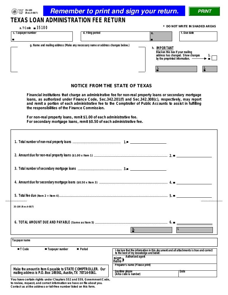 Miscellaneous Texas Tax Forms-35-100 Texas Loan Administration Fee Re…