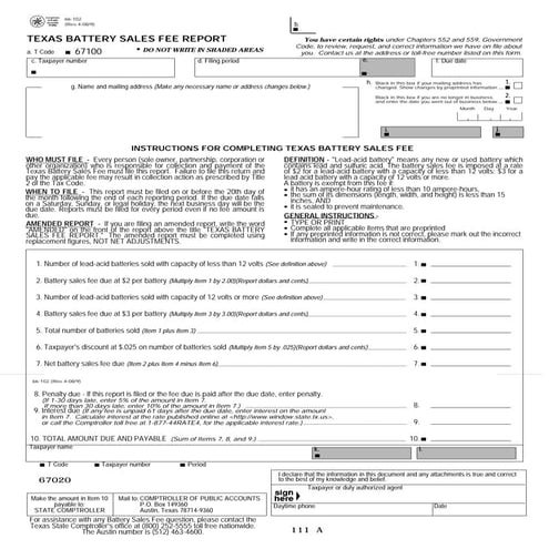 Miscellaneous Texas Tax Forms-66-102 Texas Battery Sales Fee Report | PDF