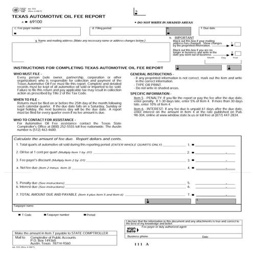 Miscellaneous Texas Tax Forms-66-103 Texas Automotive Oil Fee Report= | PDF