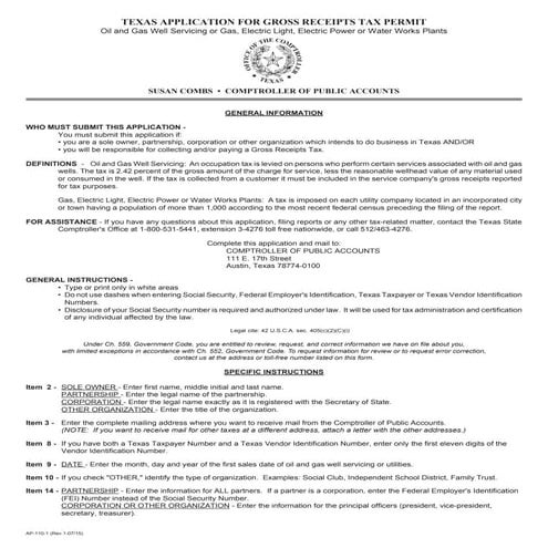 Miscellaneous Texas Tax Forms-AP-110 Texas Application for Gross Receipts Tax Permit--Oil and ...
