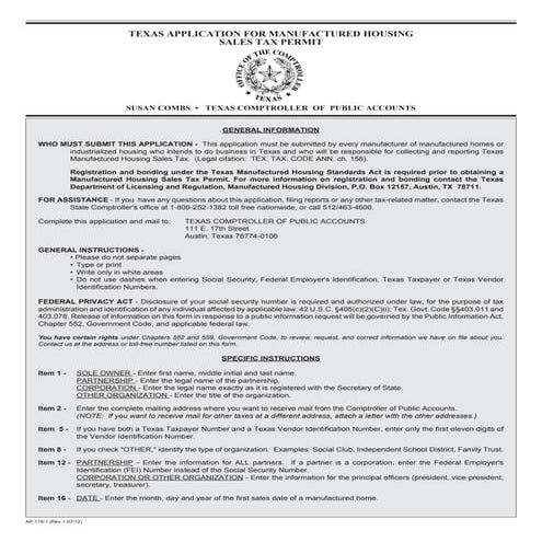 Miscellaneous Texas Tax Forms-AP-118 Texas Application for Manufactured Housing Sales Tax Permit ...