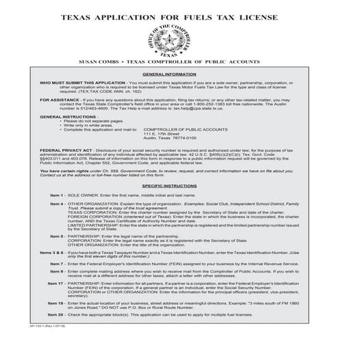 Texas Motor Fuels, Interstate Trucker, and IFTA Forms-AP-133 Texas ...