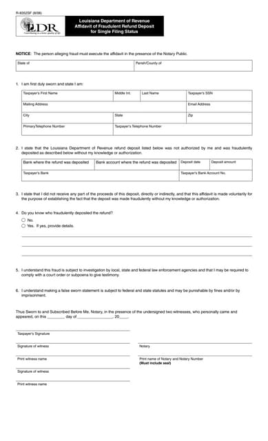 Affidavit of LDR Refund Check Endorsement Forgery for Single Filing Status | PDF