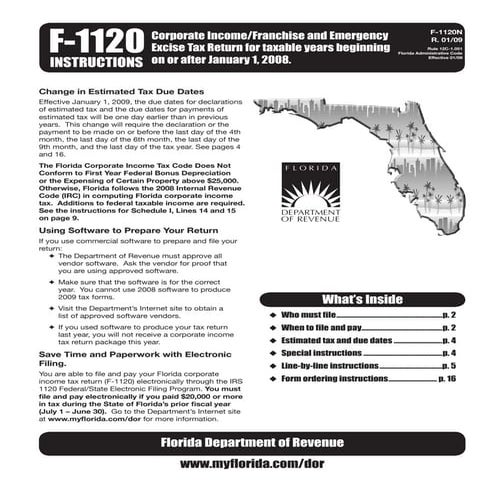 Instructions for Preparing Form F-1120 for 2008 Tax Year R.01/09 | PDF