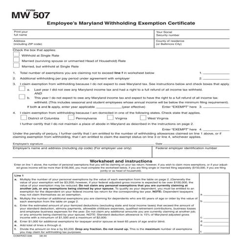 Employee's Maryland Withholding Exemption Certificate | PDF