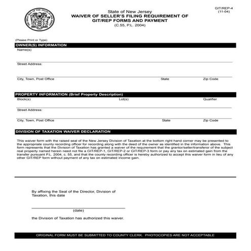 Waiver of Seller's Filing Requirement of GIT/REP Forms and Payment | PDF