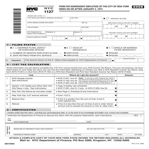 NYC-1127 Form for Nonresident Employees of the City of New York Hired ...