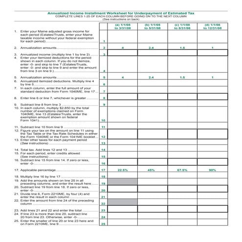 Annualized Income Installment Worksheet for Form 2210ME | PDF