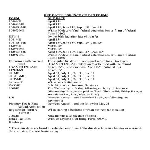 Due Dates for Income Tax Forms & Applications | PDF | Personal Taxes ...