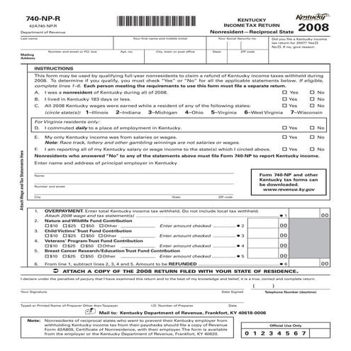 740-NP-R - Kentucky Income Tax Return Nonresident-Reciprocal State ...