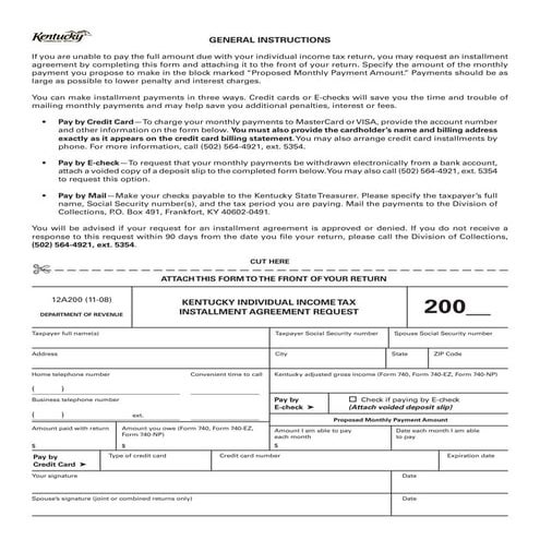 Kentucky Individual Income Tax Installment Agreement Request - Form ...