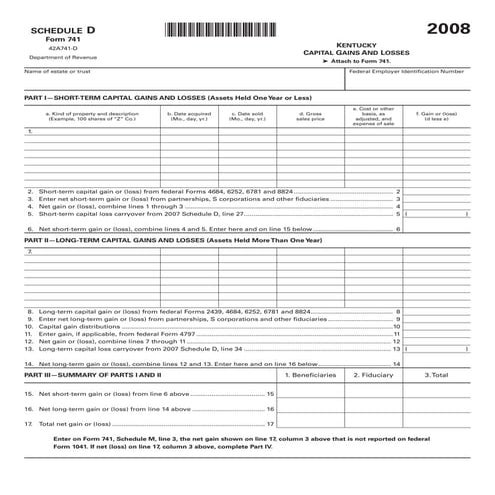 Schedule D (741) - Kentucky Capital Gains and Losses - 42A741-D | PDF