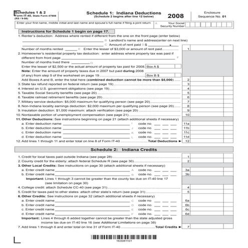Schedules 1 & 2 for the IT-40: Indiana Deductions and Credits | PDF