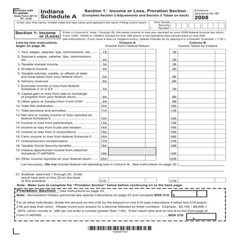 Schedule A for the IT-40PNR: Income, Proration & Adjustments | PDF