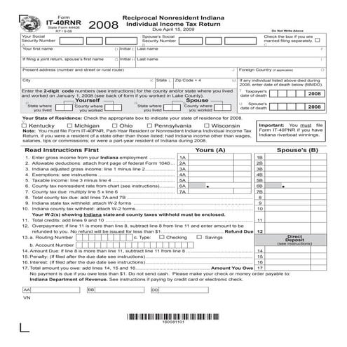 2008 Reciprocal State Nonresident Individual Tax Return | PDF