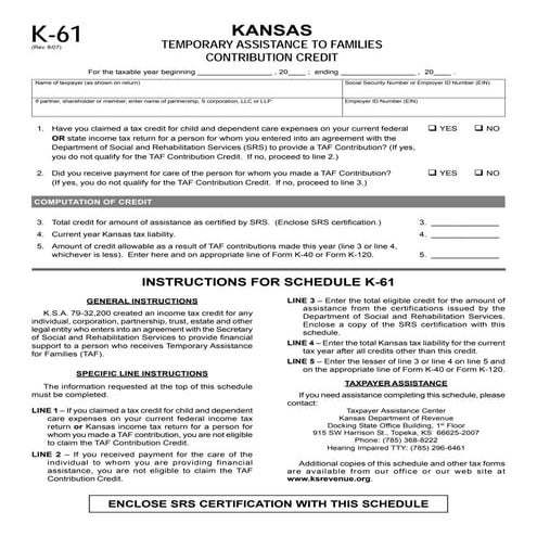 Temporary Assistance to Family Contribution Credit (K-61) | PDF