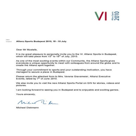 Invitation Letter Allianz Sports 2010 by Chairman | PDF