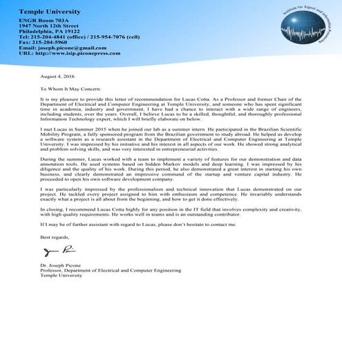 Letter of Recommendation - Dr. Joseph Picone | PDF