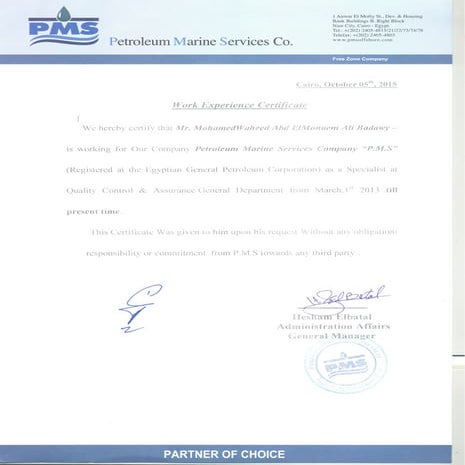 Work Experience Certificate from PMS | PDF