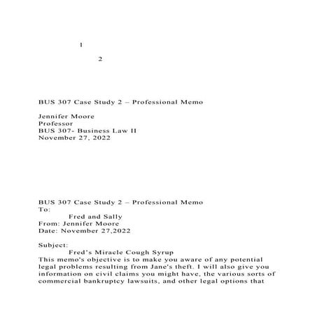 1 2BUS 307 Case Study 2 – Professional Memo.docx | Bankruptcy | Business Banking & Finance