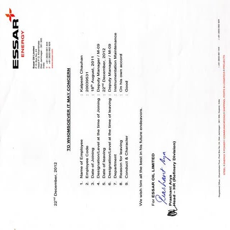 ESSAR expreince letter | PPT