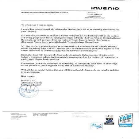 Invenio - Letter of recommendation | PDF