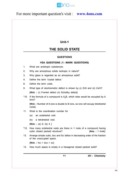 Solid state class 12 cbse 10 year pdf | PDF